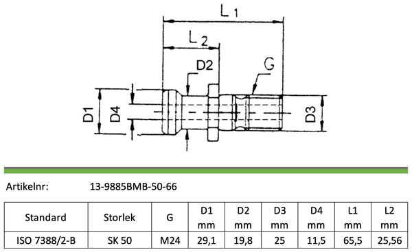 Dragtapp ISO 7388/2-B - MB, SK 50 med genomgång