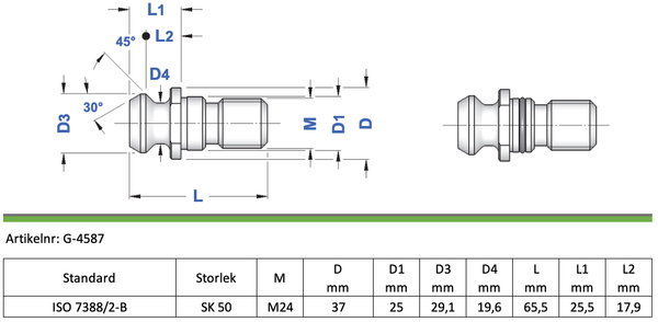 Dragtapp ISO 7388/2-B, SK 50 utan genomgång, med o-ring